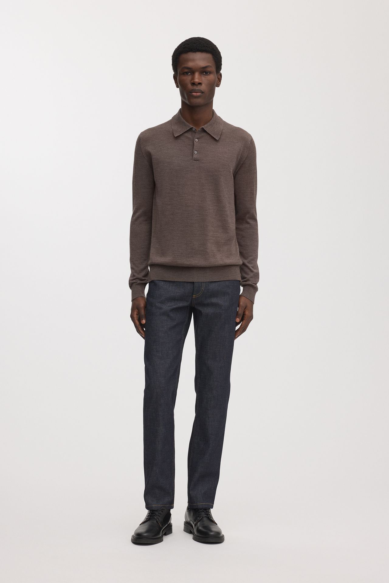 Brown Melange Merino Wool Polo | Buttoned Long Sleeve | Asket